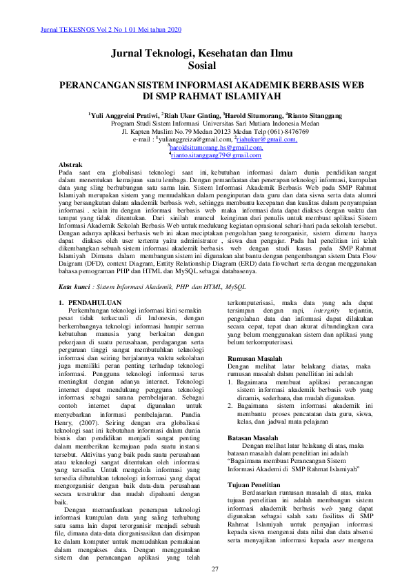 (PDF) Perancangan Sistem Informasi Akademik Berbasis Web DI SMP Rahmat Islamiyah