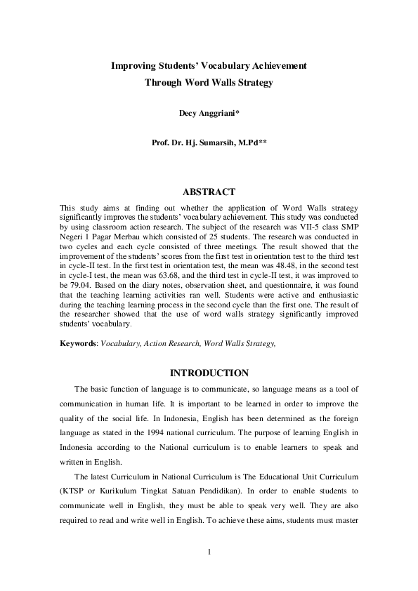 (PDF) Improving Students Vocabulary Achievement through Word Walls Strategy