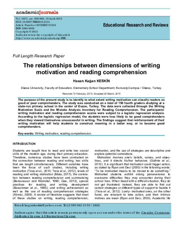 (PDF) The relationships between dimensions of writing motivation and ...