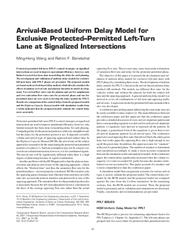 (PDF) Arrival-Based Uniform Delay Model for Exclusive Protected-Permitted Left-Turn Lane at ...