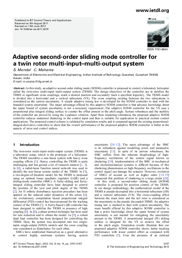 (PDF) Adaptive second-order sliding mode controller for a twin rotor multi-input–multi-output system