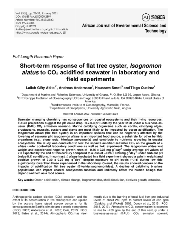(PDF) Short-term response of flat tree oyster, Isognomon alatus to CO2 ...