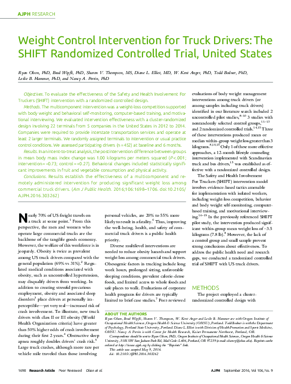 (PDF) Weight Control Intervention for Truck Drivers: The SHIFT ...