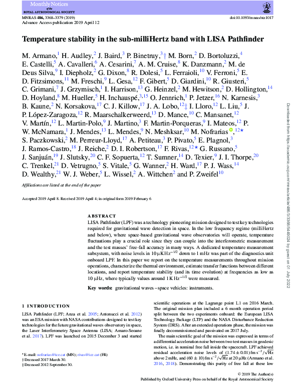 (PDF) Temperature stability in the sub-milliHertz band with LISA Pathfinder