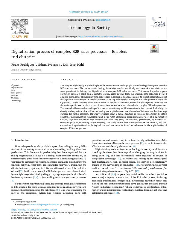 (PDF) Digitalization process of complex B2B sales processes – Enablers ...