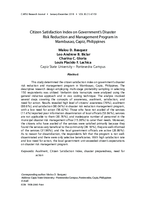 (PDF) Citizen Satisfaction Index on Government's Disaster Risk Reduction and Management Program ...