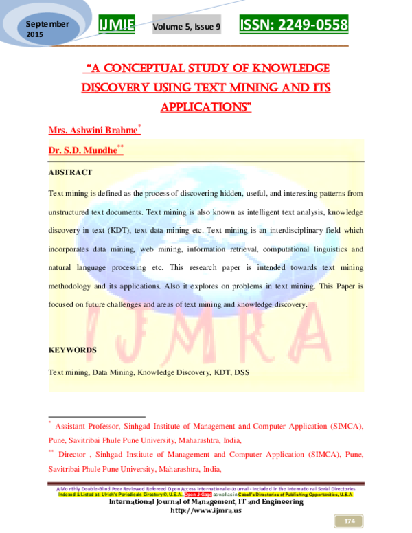 (PDF) A CONCEPTUAL STUDY OF KNOWLEDGE DISCOVERY USING TEXT MINING AND ITS APPLICATIONS