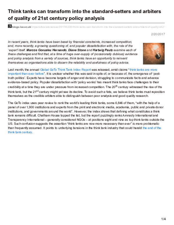 (PDF) Think tanks can transform into the standard-setters and arbiters ...