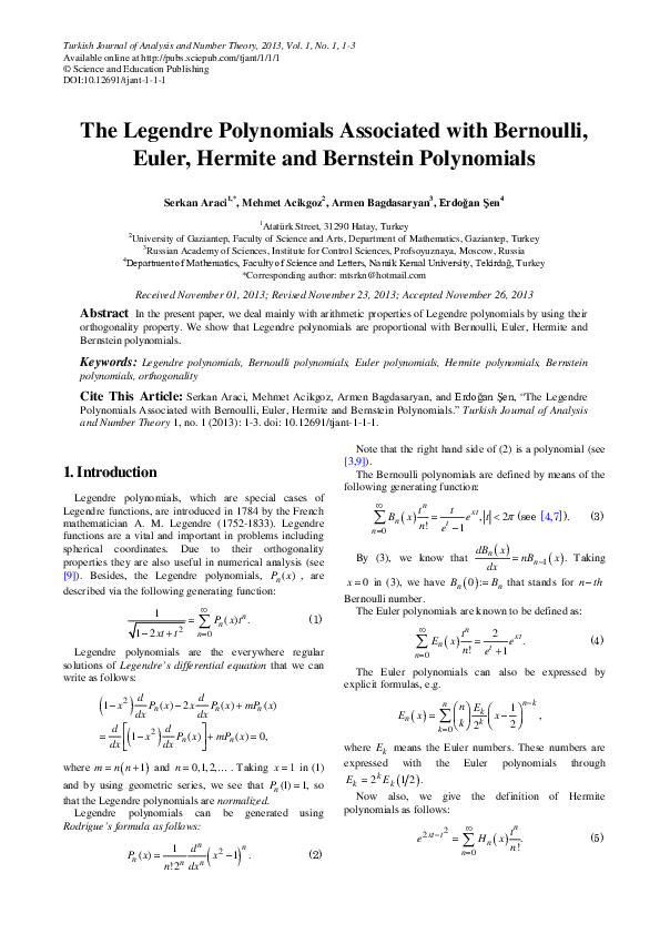 (PDF) The Legendre Polynomials Associated with Bernoulli, Euler, Hermite and Bernstein Polynomials