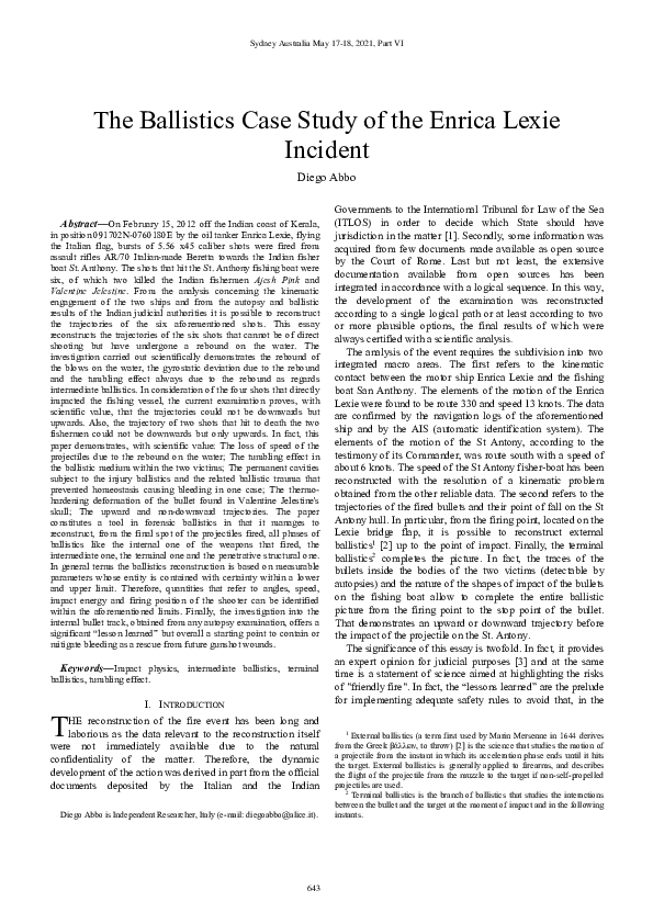 (PDF) The Ballistics Case Study of the Enrica Lexie Incident