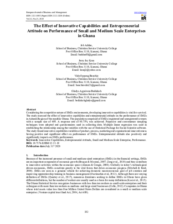 (PDF) The Effect of Innovative Capabilities and Entrepreneurial Attitude on Performance of Small ...
