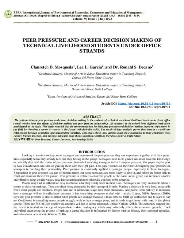 (PDF) Peer Pressure and Career Decision Making of Technical Livelihood ...