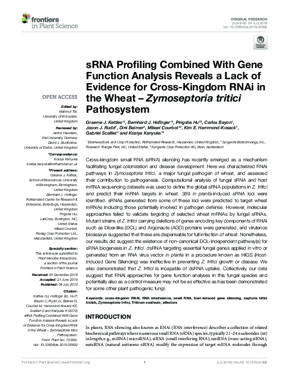 (PDF) sRNA Profiling Combined With Gene Function Analysis Reveals a ...
