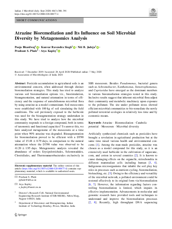 (PDF) Atrazine Bioremediation and Its Influence on Soil Microbial Diversity by Metagenomics Analysis