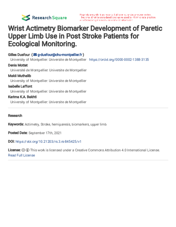 (PDF) Wrist Actimetry Biomarker Development of Paretic Upper Limb Use ...