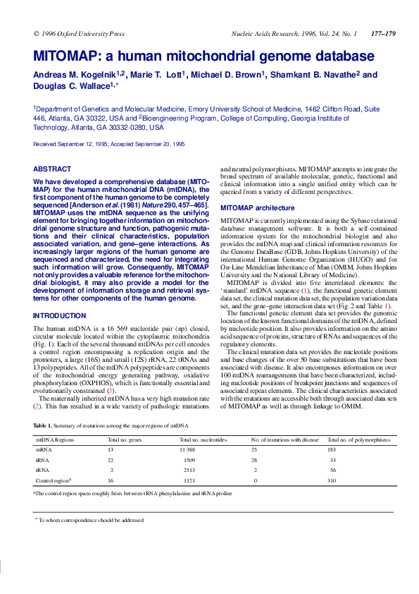 (PDF) MITOMAP: a human mitochondrial genome database