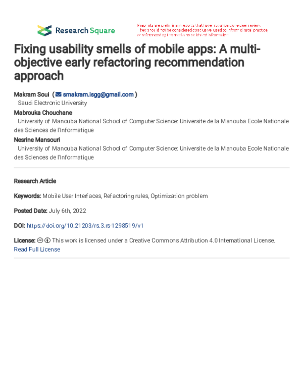 (PDF) Fixing usability smells of mobile apps: A multi-objective early refactoring recommendation ...