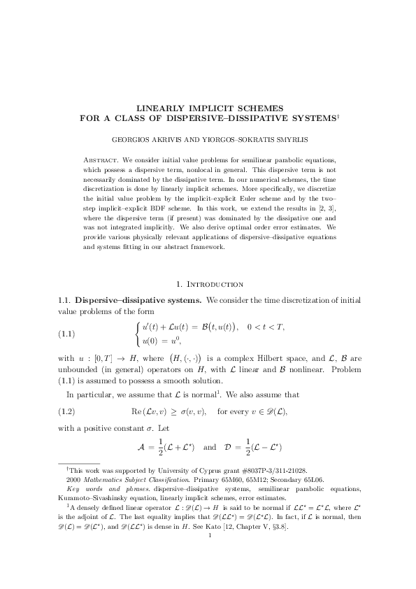 (PDF) Linearly implicit schemes for a class of dispersive–dissipative systems