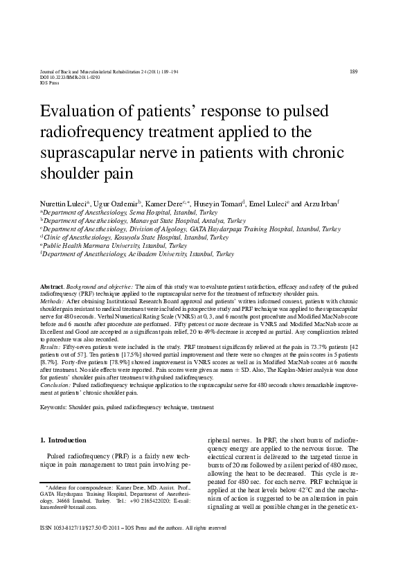 (PDF) Evaluation of patients' response to pulsed radiofrequency treatment applied to the ...