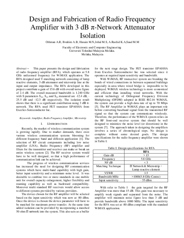 (PDF) Design and fabrication of radio frequency amplifier with 3 dB π ...
