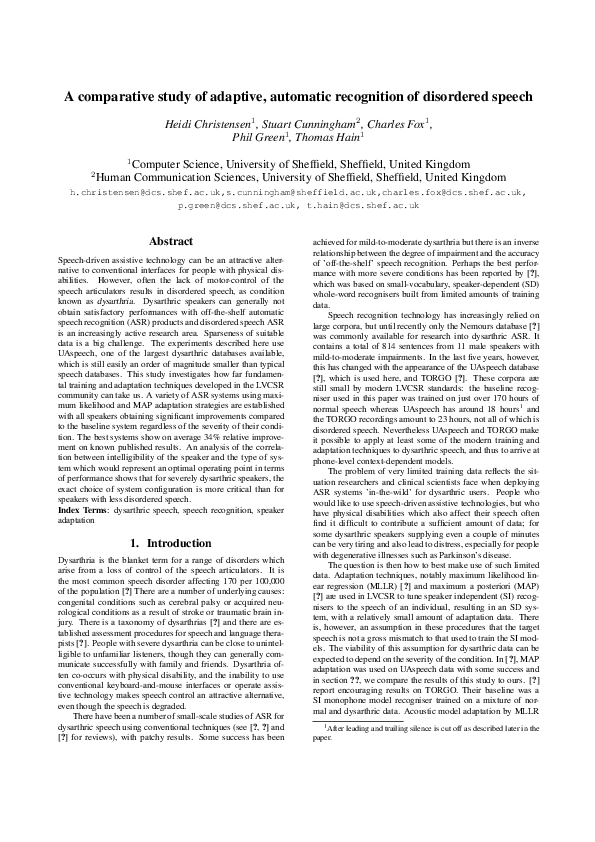 (PDF) A comparative study of adaptive, automatic recognition of disordered speech