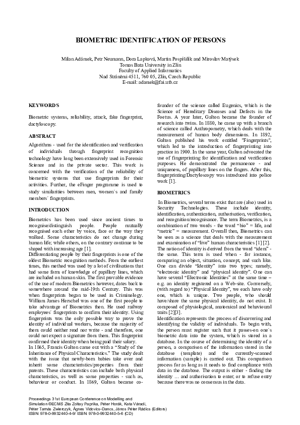 (PDF) Biometric Identification Of Persons