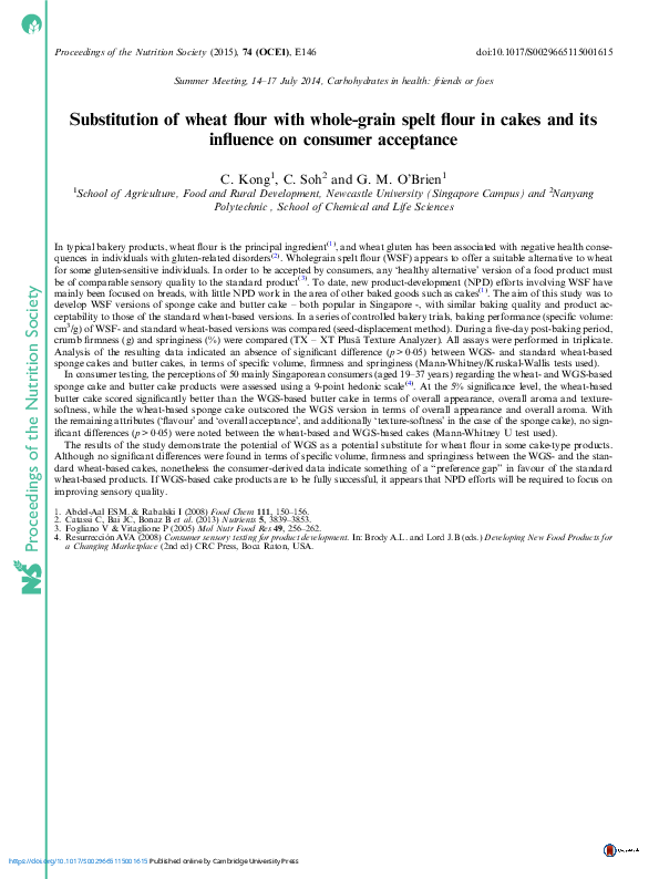 (PDF) Substitution of wheat flour with whole-grain spelt flour in cakes and its influence on ...