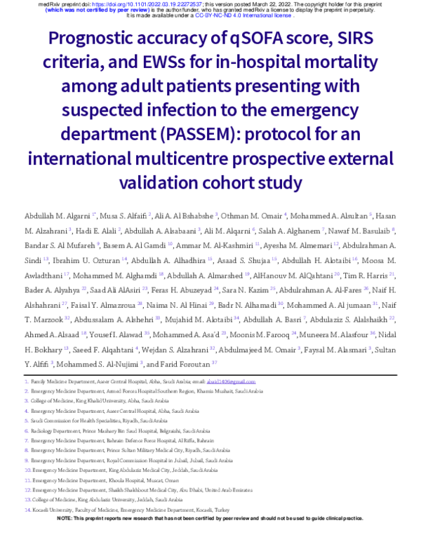 (PDF) Prognostic accuracy of qSOFA score, SIRS criteria, and EWSs for ...
