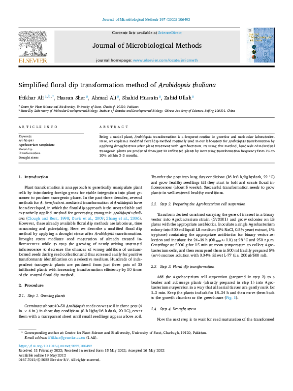(PDF) Simplified floral dip transformation method of Arabidopsis thaliana