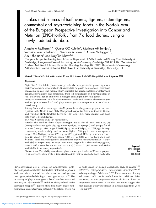(PDF) Intakes and sources of isoflavones, lignans, enterolignans ...