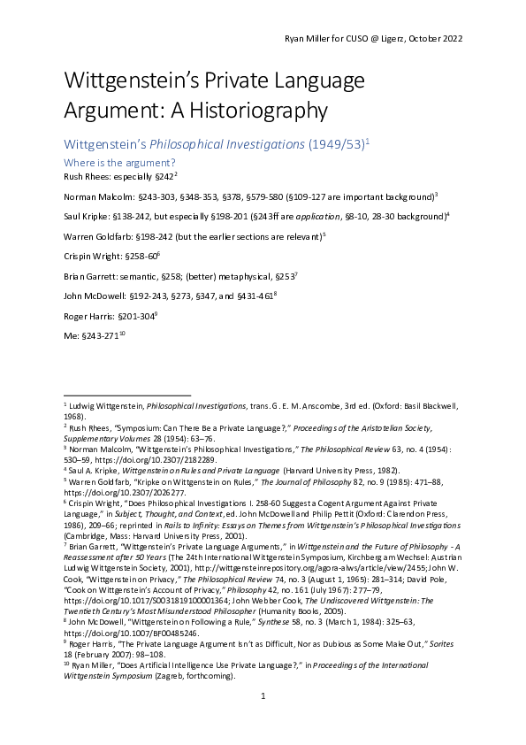(PDF) Wittgenstein's Private Language Argument: A Historiography