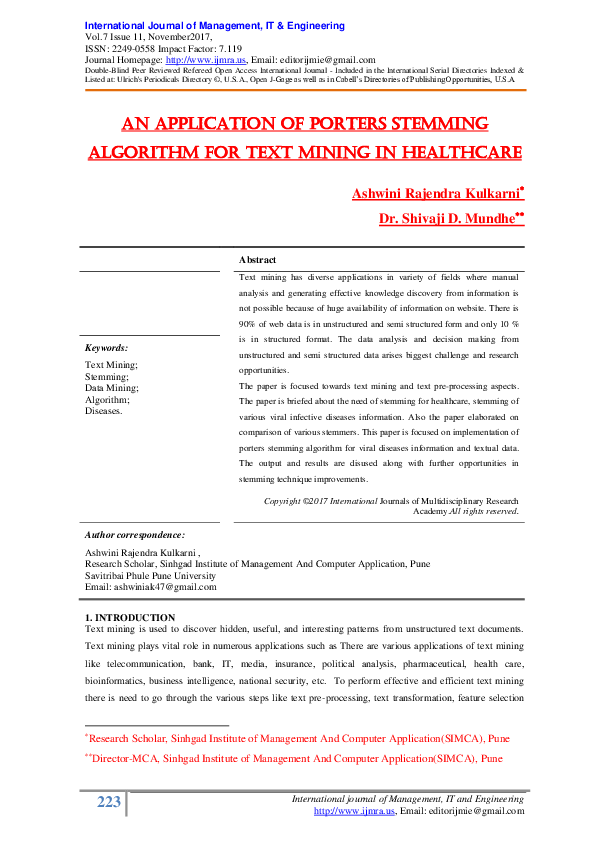 Pdf An Application Of Porters Stemming Algorithm For Text Mining In