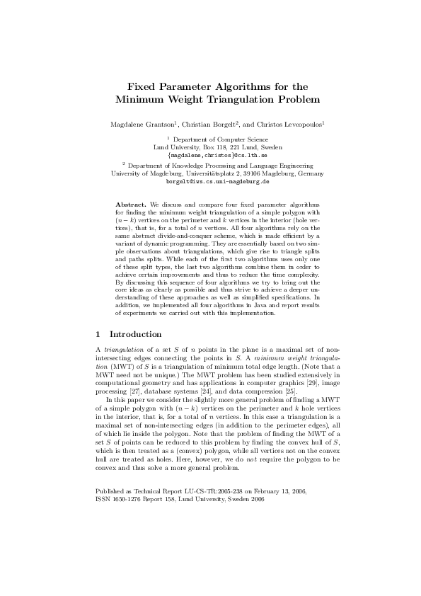(PDF) Fixed Parameter Algorithms for the Minimum Weight Triangulation Problem