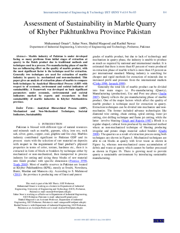 (PDF) Assessment of Sustainability in Marble Quarry of Khyber ...