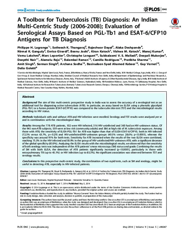 (PDF) A Toolbox for Tuberculosis (TB) Diagnosis: An Indian Multi-Centric Study (2006-2008 ...