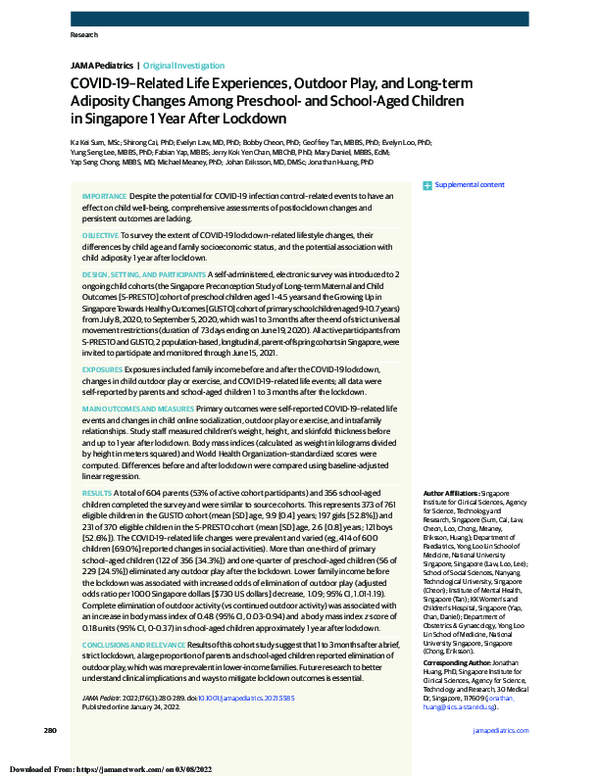 COVID-19–Related Life Experiences, Outdoor Play, and Long-term ...