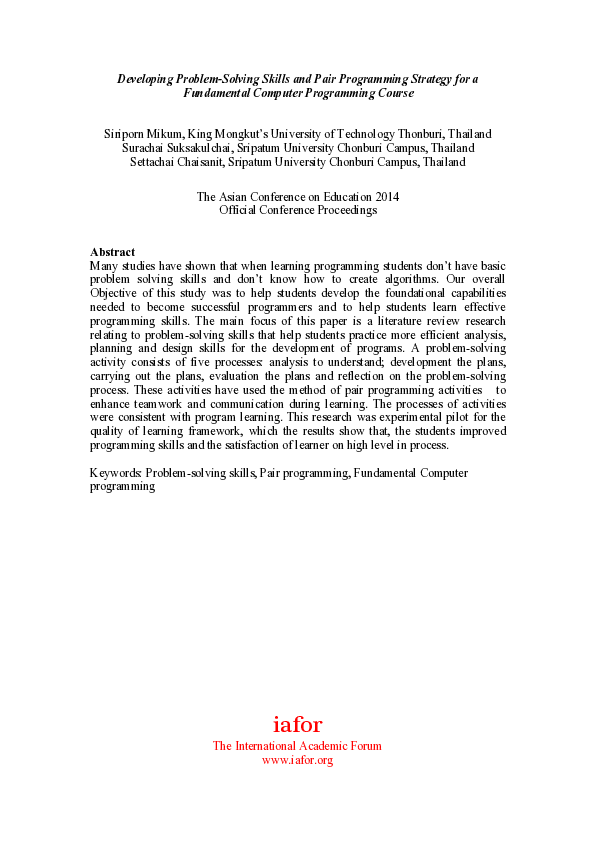(PDF) Developing Problem-Solving Skills and Pair Programming Strategy for Fundamental Computer ...