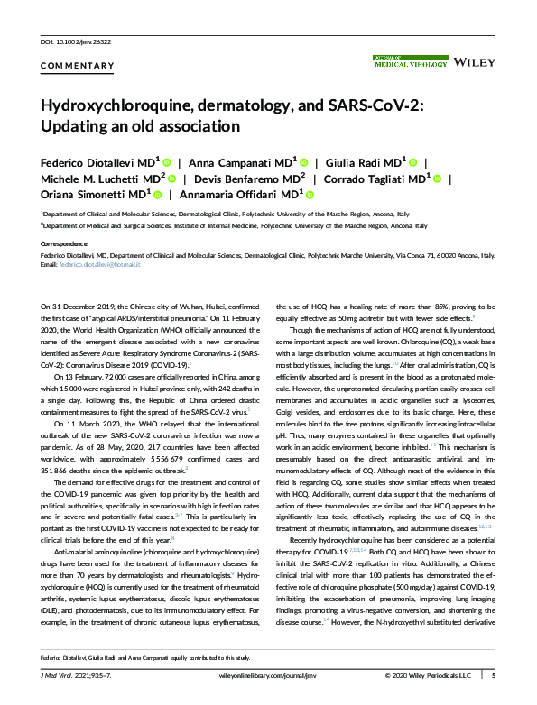 (PDF) Hydroxychloroquine, dermatology, and SARS‐CoV‐2: Updating an old ...