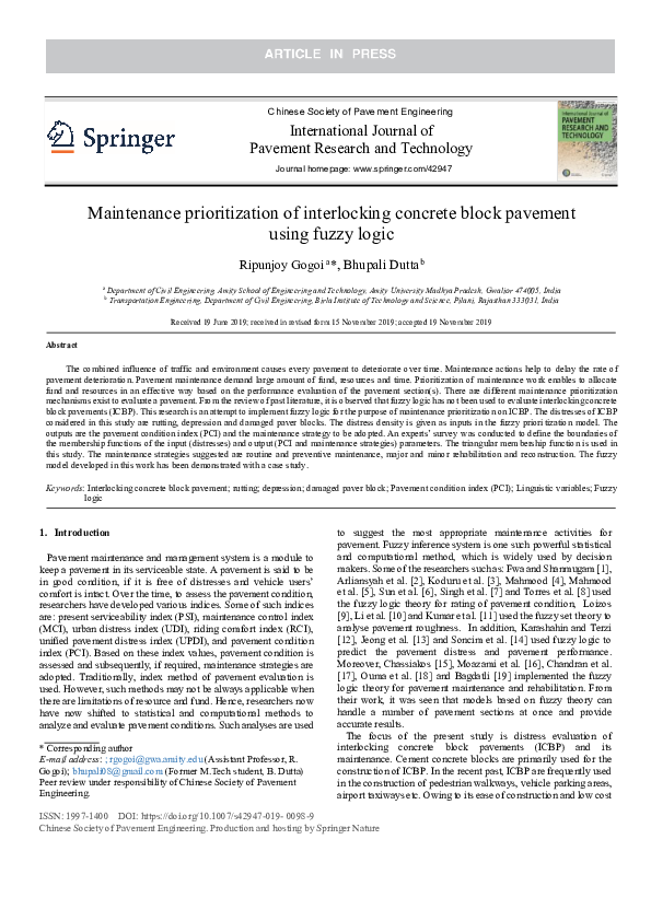 (PDF) Maintenance prioritization of interlocking concrete block pavement using fuzzy logic