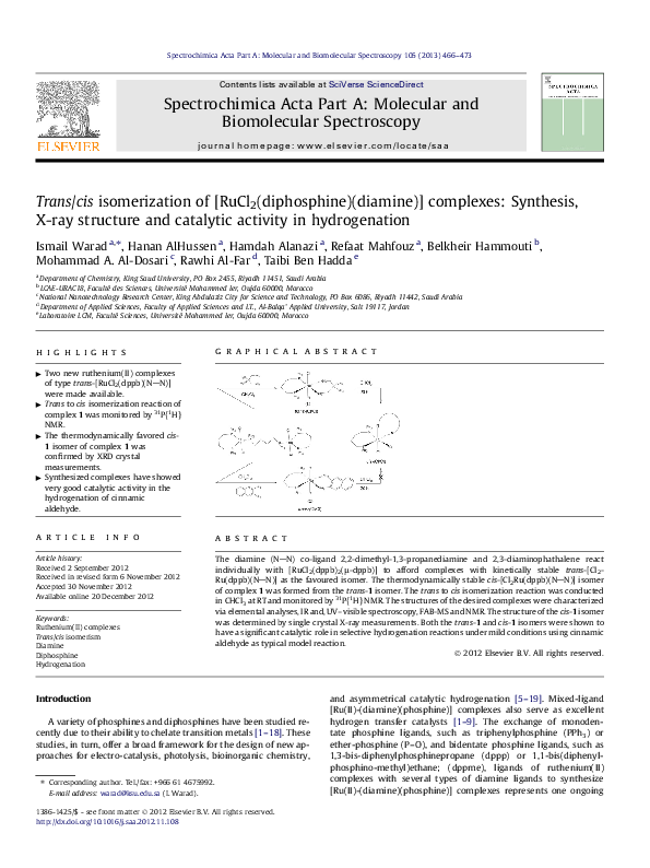 (PDF) Trans/cis isomerization of [RuCl2(diphosphine)(diamine)] complexes: Synthesis, X-ray ...