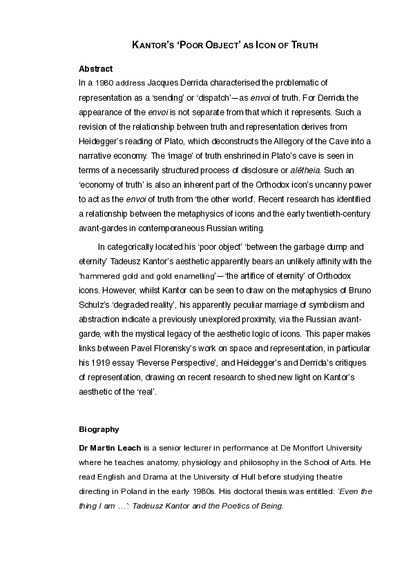 (PDF) Kantor's 'Poor Object' as Icon of Truth