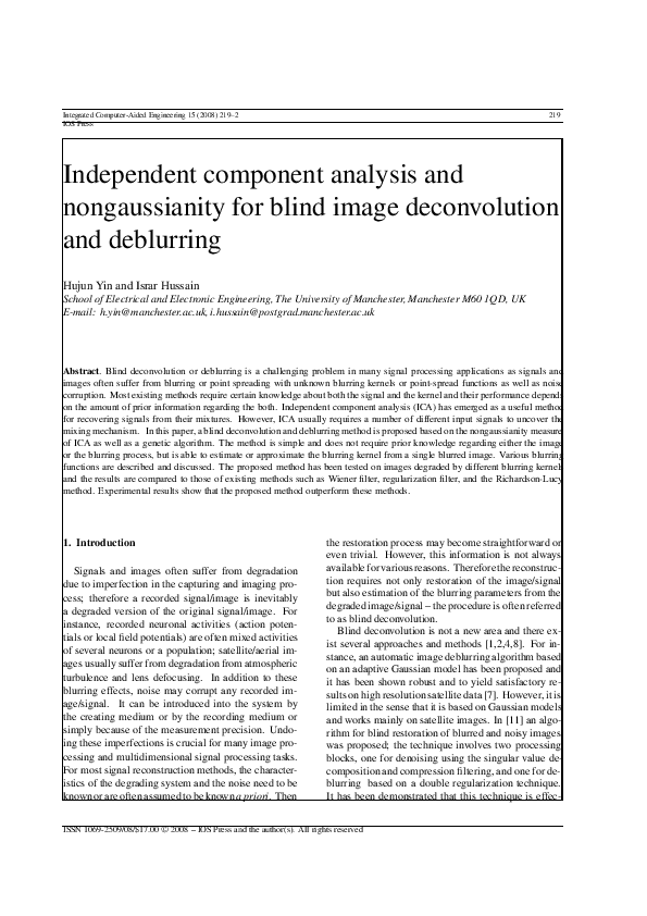 (PDF) Independent component analysis and nongaussianity for blind image deconvolution and deblurring