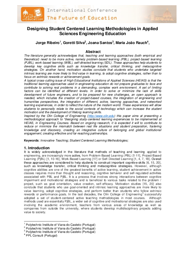 (PDF) Designing Student Centered Learning Methodologies in Applied Sciences Engineering Education