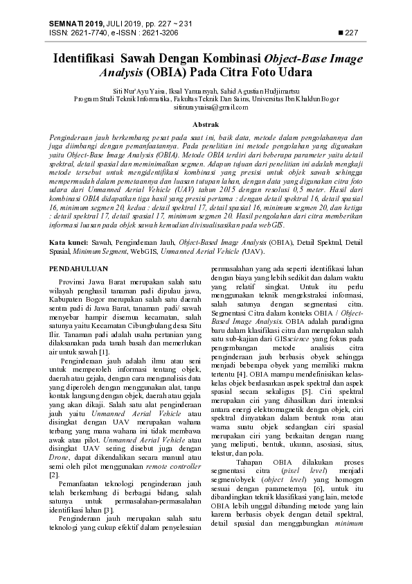 (PDF) Identifikasi Sawah Dengan Kombinasi Object-Base Image Analysis (OBIA) Pada Citra Foto Udara