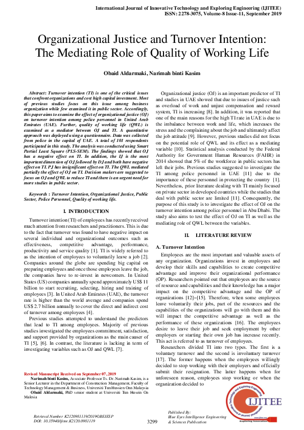 (PDF) Organizational Justice and Turnover Intention: The Mediating Role of Quality of Working Life