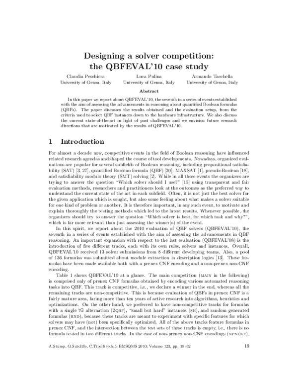 (PDF) QBFEVAL'10: A Case Study in QBF Solver Competition Design