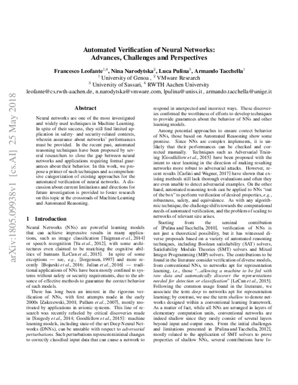 (PDF) Automated Verification of Neural Networks: Advances, Challenges and Perspectives