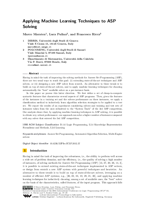 (PDF) Applying Machine Learning Techniques to ASP Solving (PDF) Applying Machine Learning Techniques to ASP Solving