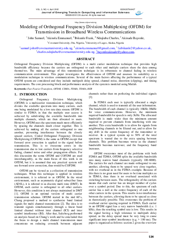 (PDF) Modeling of Orthogonal Frequency Division Multiplexing (OFDM) for Transmission in ...
