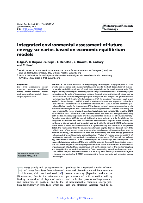 (PDF) Integrated environmental assessment of future energy scenarios based on economic ...